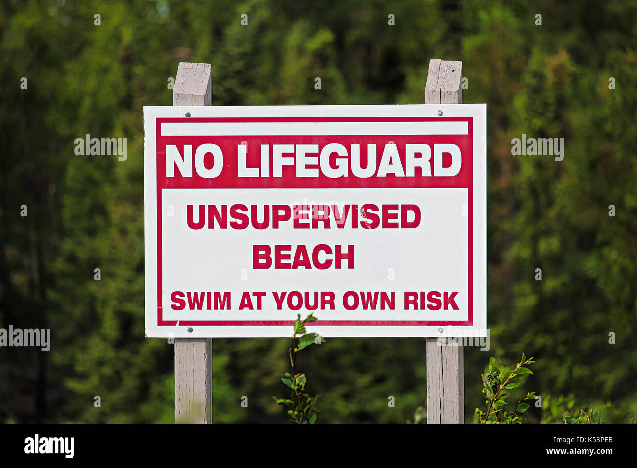 A no lifeguard unsupervised beach use at own risk sign Stock Photo - Alamy