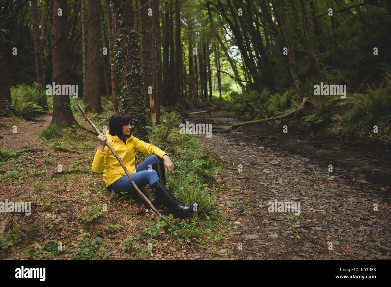 Thoughtful woman relaxing in forest Stock Photo - Alamy