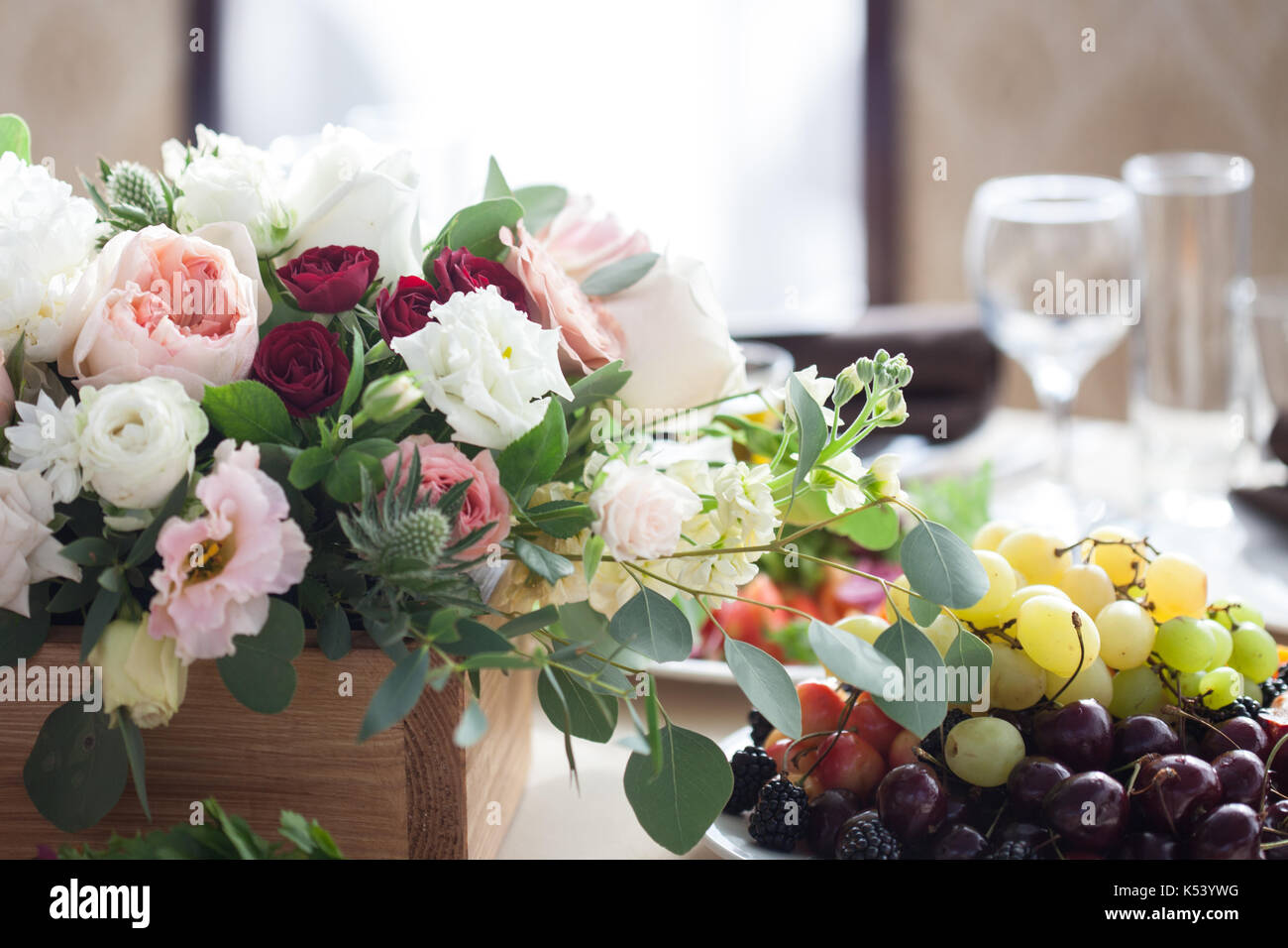 Wedding decor. The flowers in the restaurant, table setting Stock Photo ...