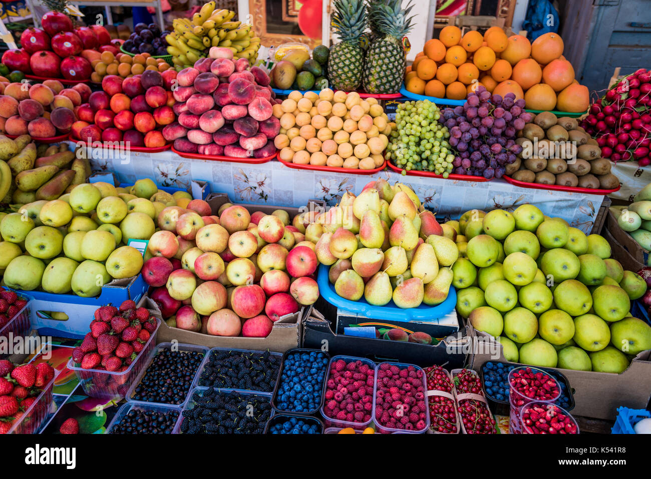 Fruit market with various colorful fresh fruits. Fresh fruits. Fruits ...