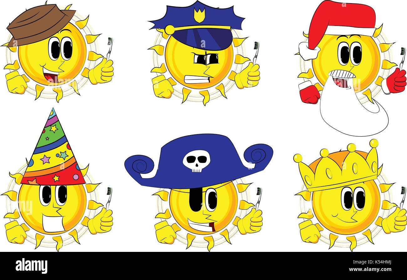 Cartoon sun holding toothbrush. Collection with costume. Expressions ...