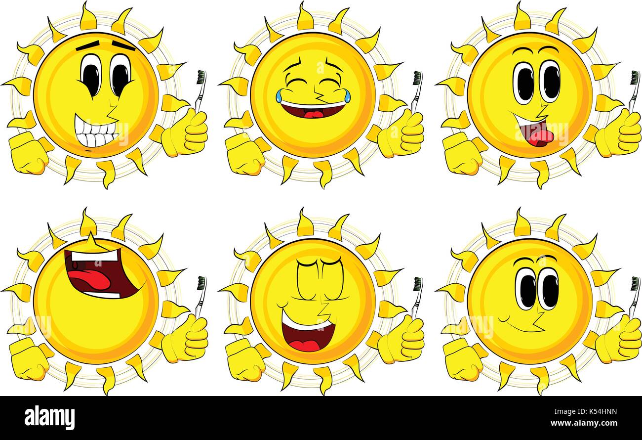 Cartoon sun holding toothbrush. Collection with happy faces ...