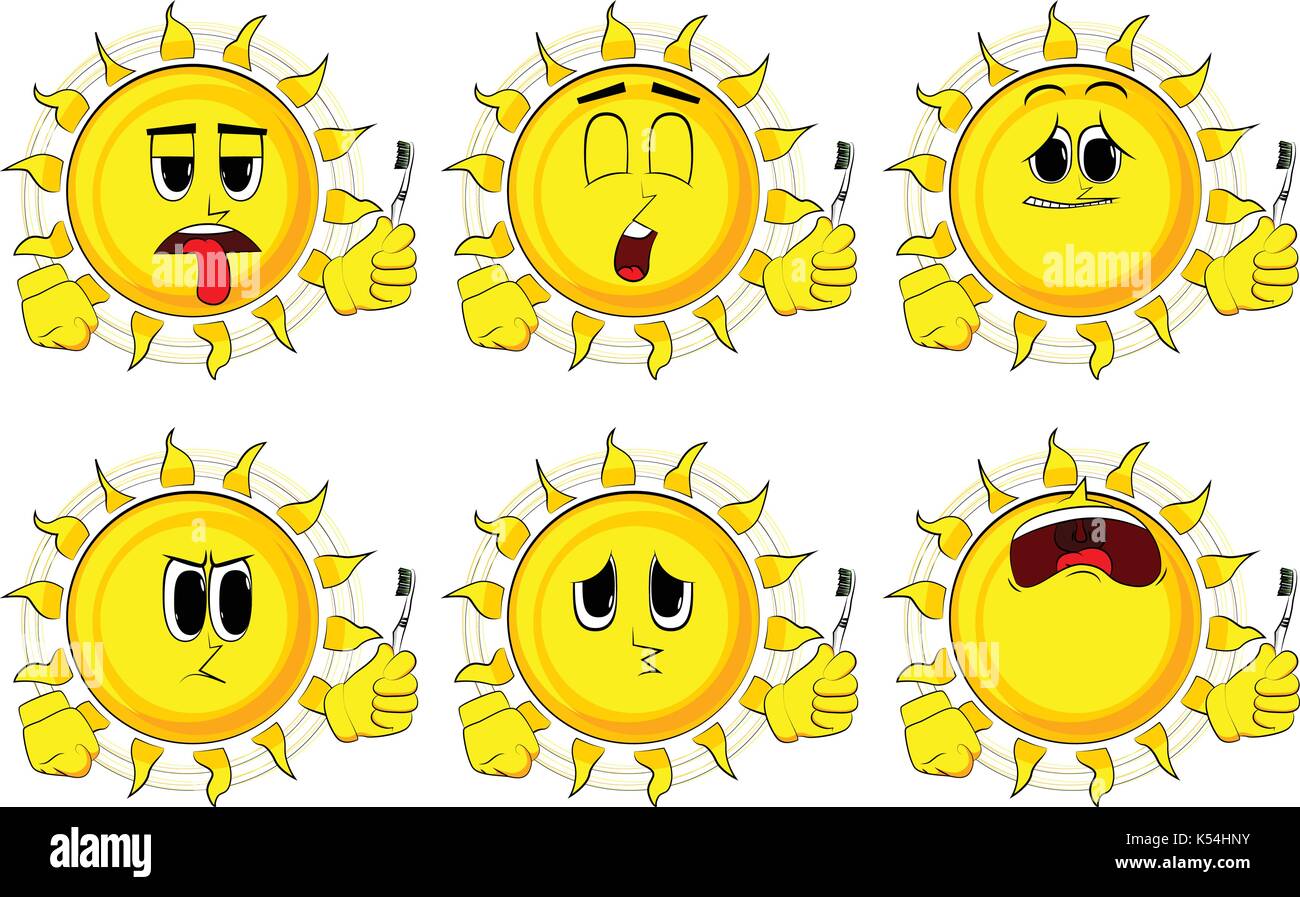Cartoon sun holding toothbrush. Collection with sad faces. Expressions ...