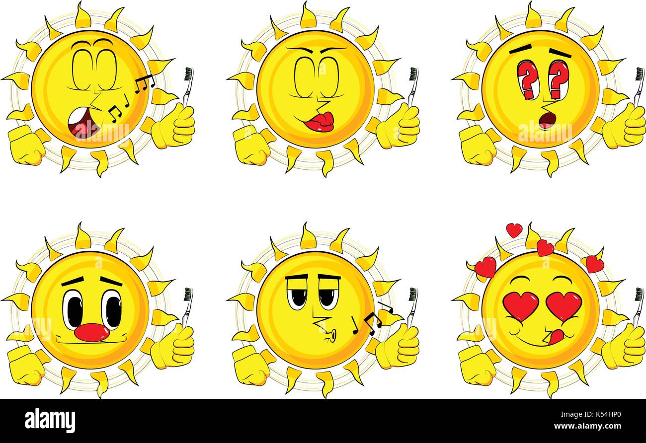 Cartoon sun holding toothbrush. Collection with various facial ...