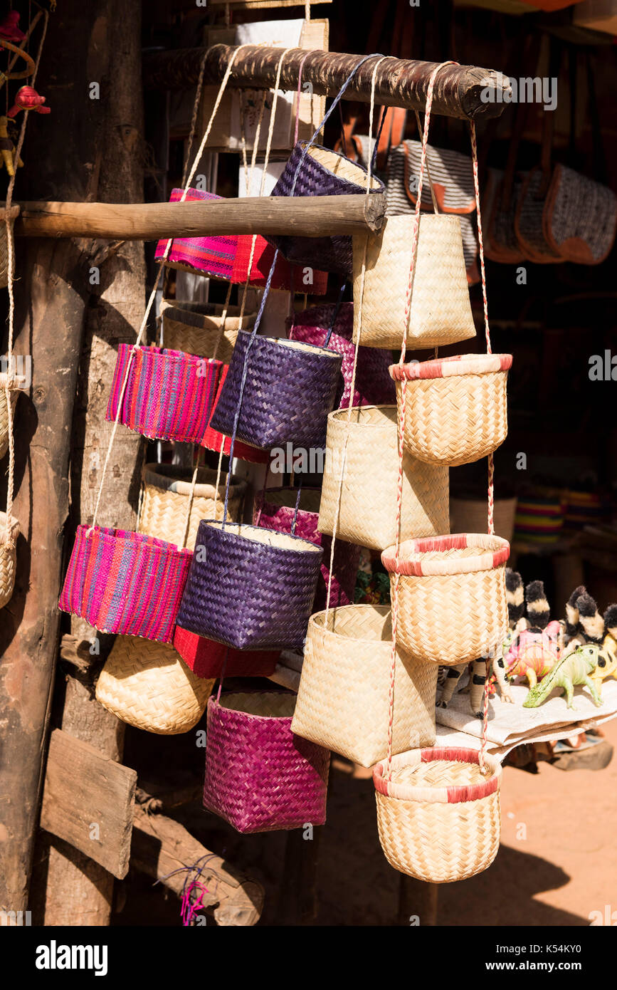 Roadside store with local crafts made from sisal, Amboasary, Madagascar ...