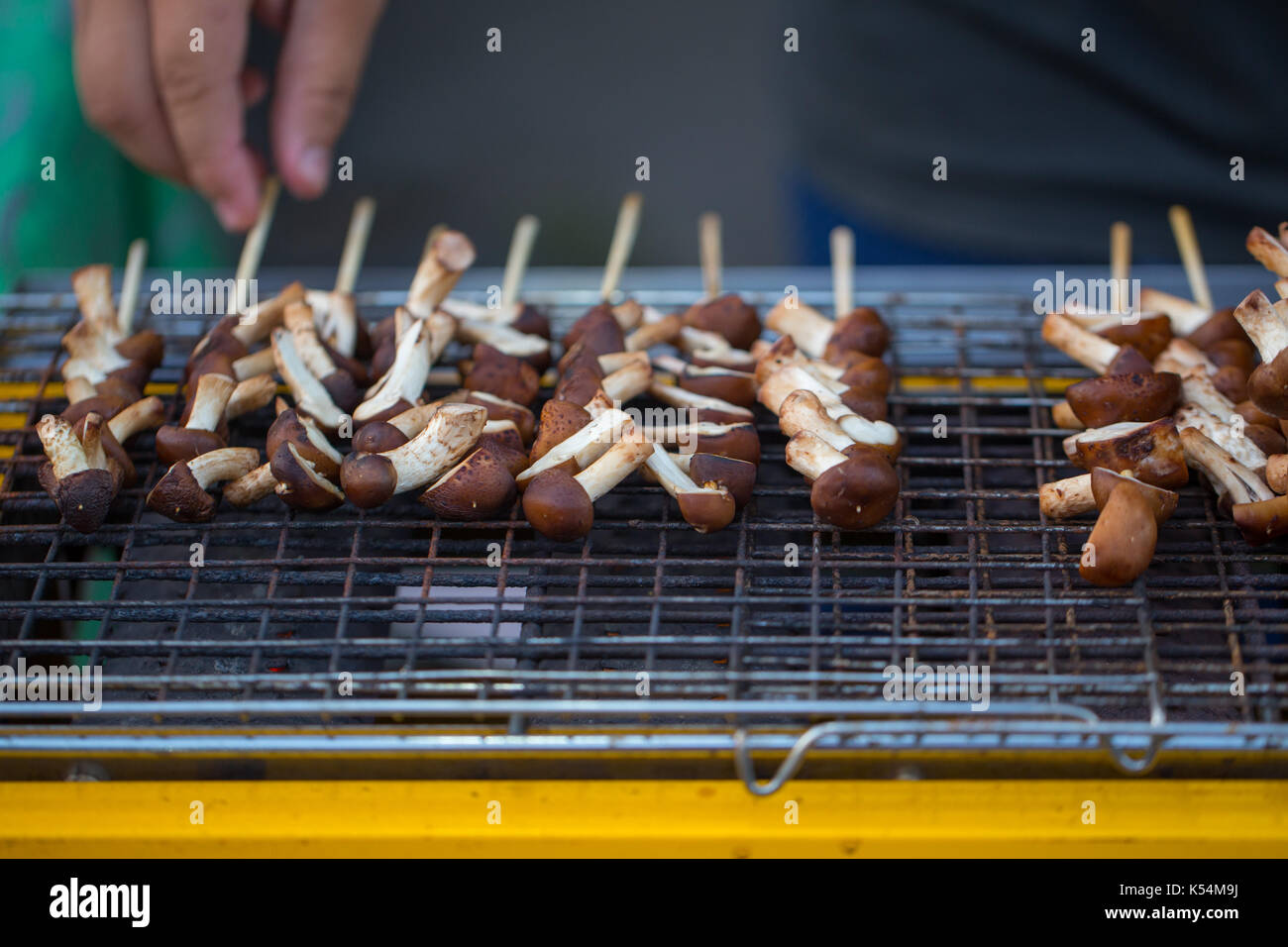 Street food in Thailand. bamboo wood stick mushroom grill in stove ...
