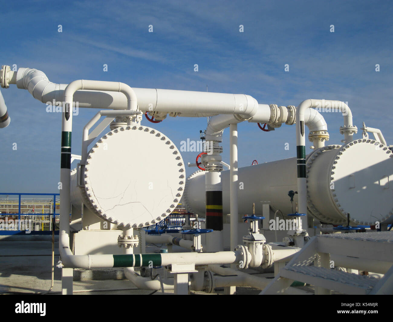 Heat exchangers in a refinery. The equipment for oil refining Stock ...