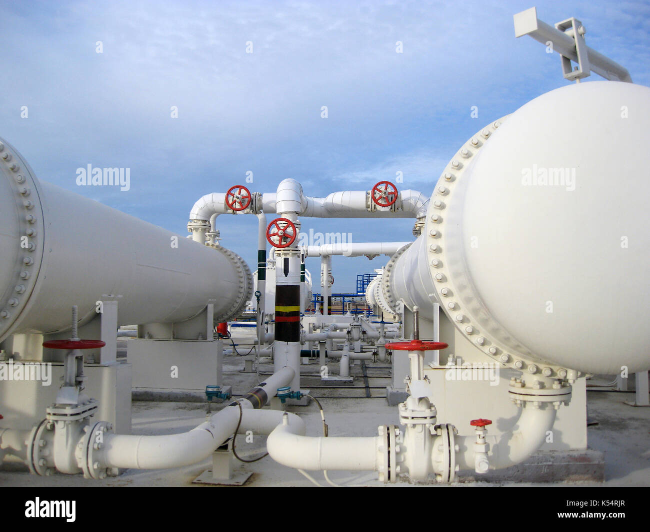Heat exchangers in a refinery. The equipment for oil refining Stock ...
