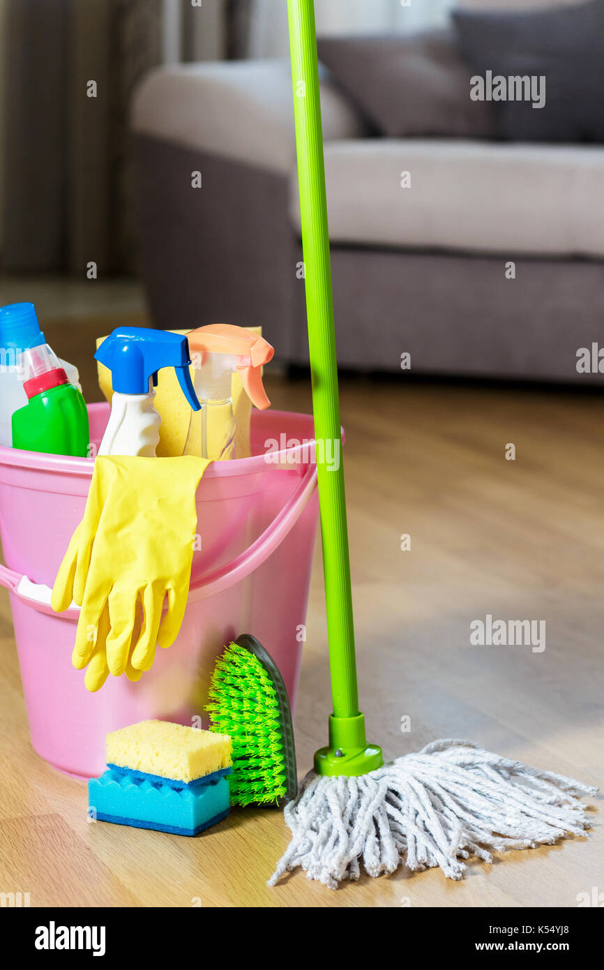 Plastic bucket with cleaning product at home Stock Photo - Alamy