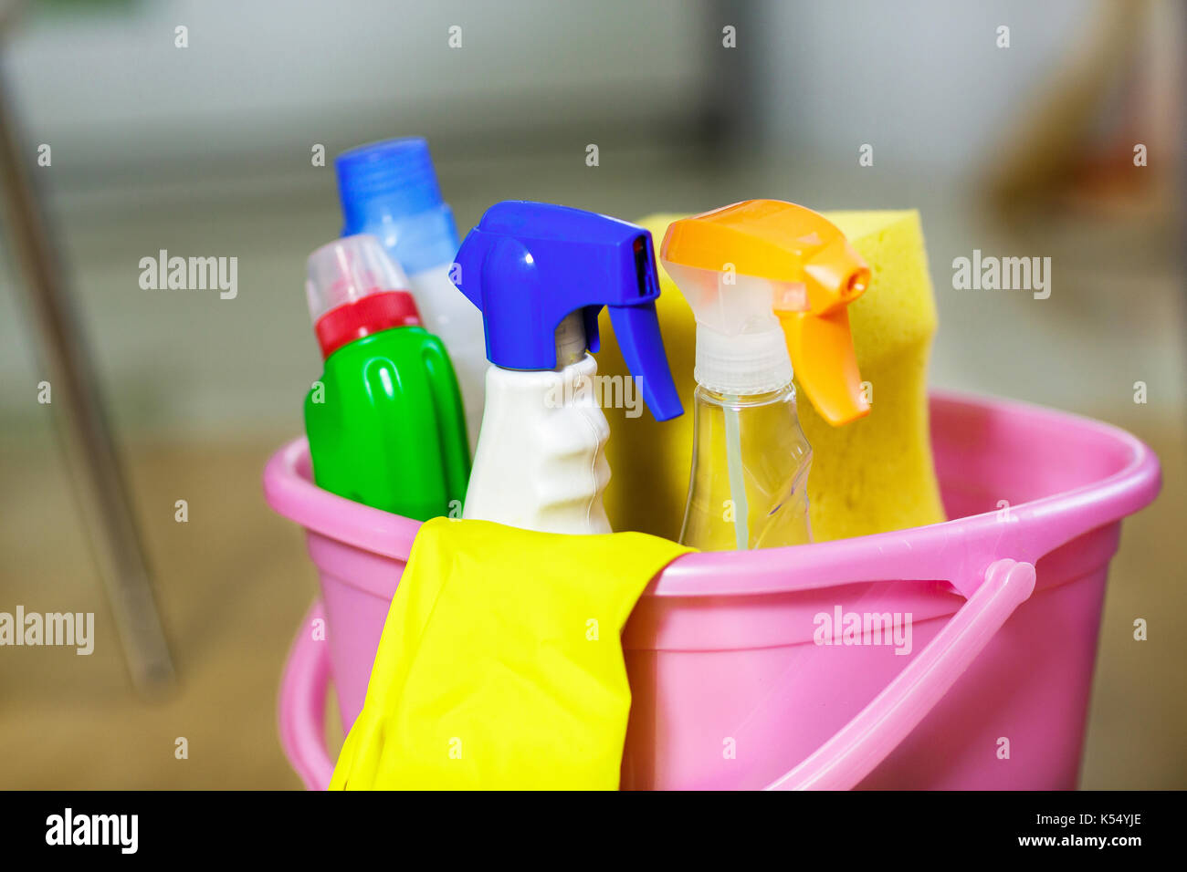 Plastic bucket with cleaning product at home Stock Photo - Alamy