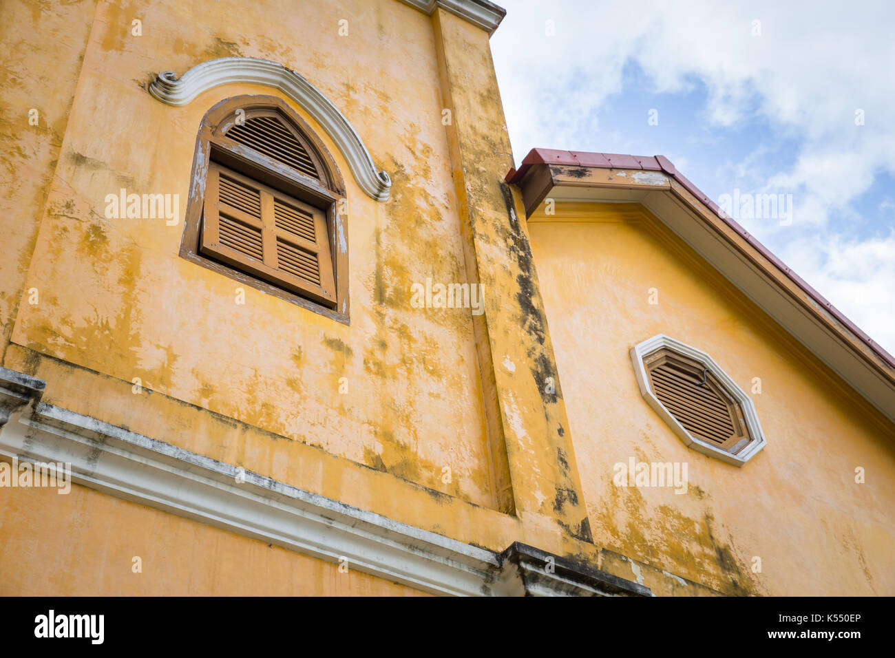 yellow wood windows of church, retro Gothic style of windows Stock ...