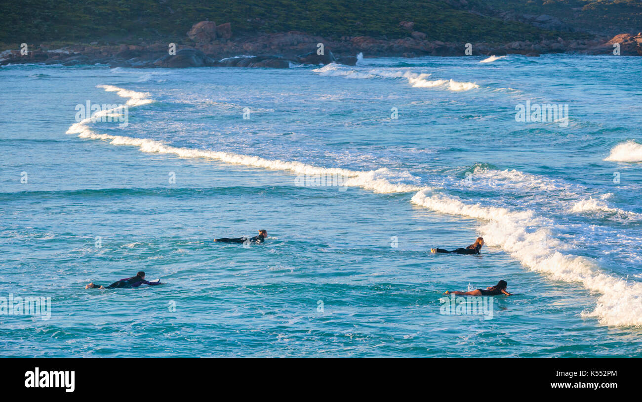 Teenage girls surfing at sunrise at Redgate Beach in Margaret River ...