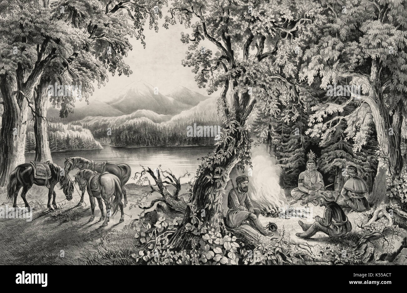 The trappers camp-fire. A friendly visitor - a Native and three ...