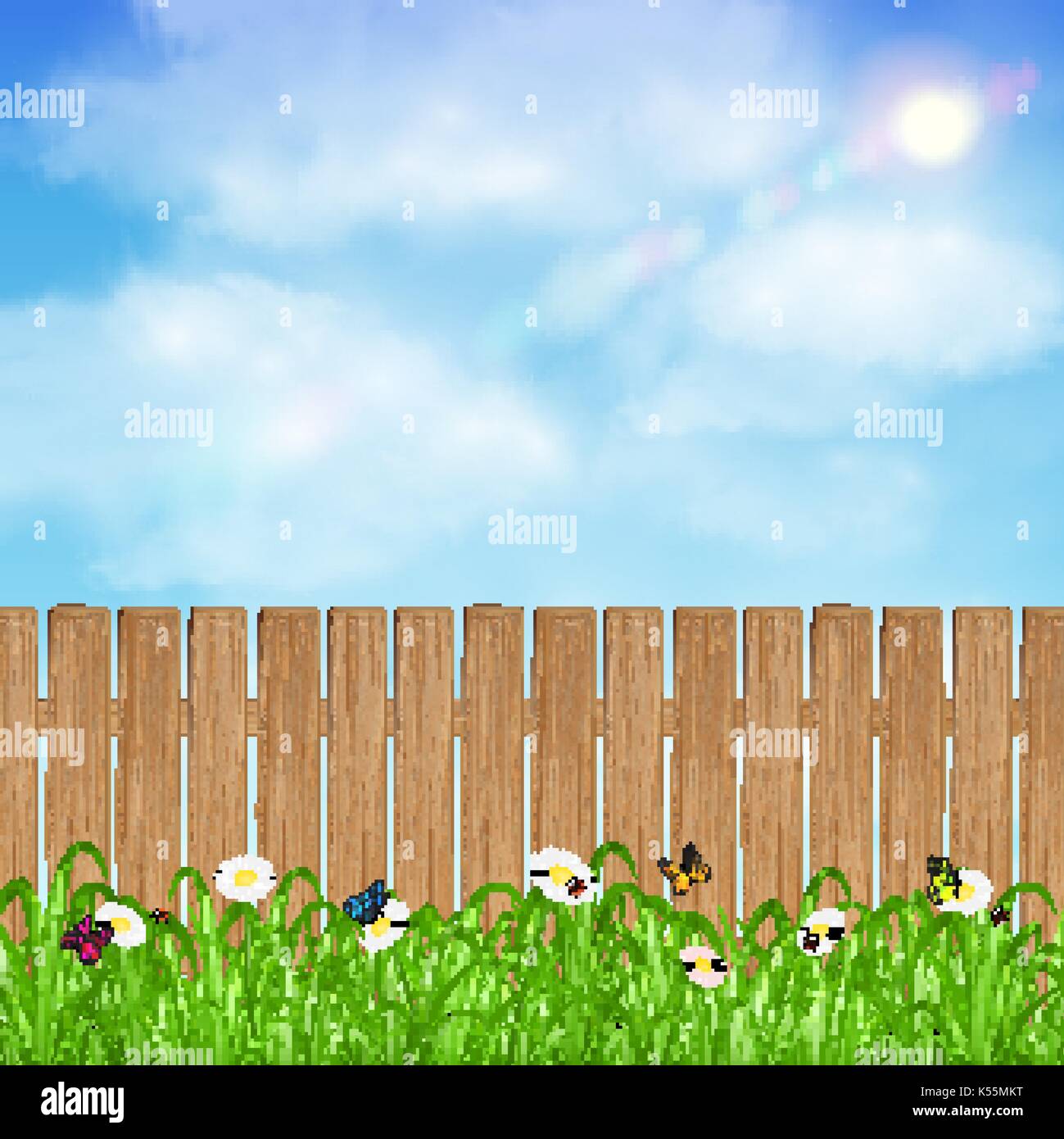 wood fence with grass flower and sky background Stock Vector Image ...