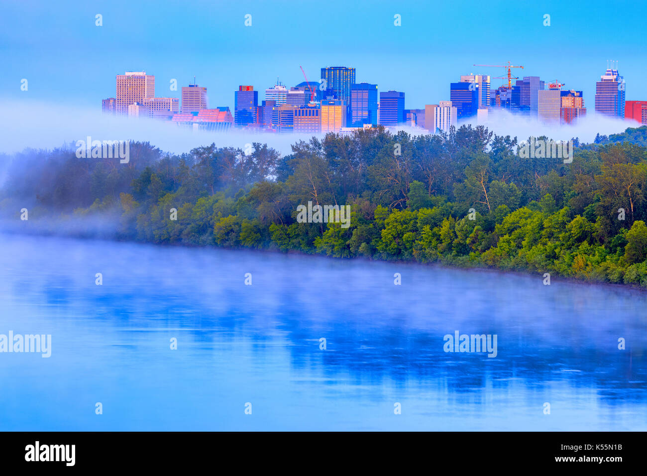 Edmonton city center and North Saskatchewan river in fog, Canada Stock ...