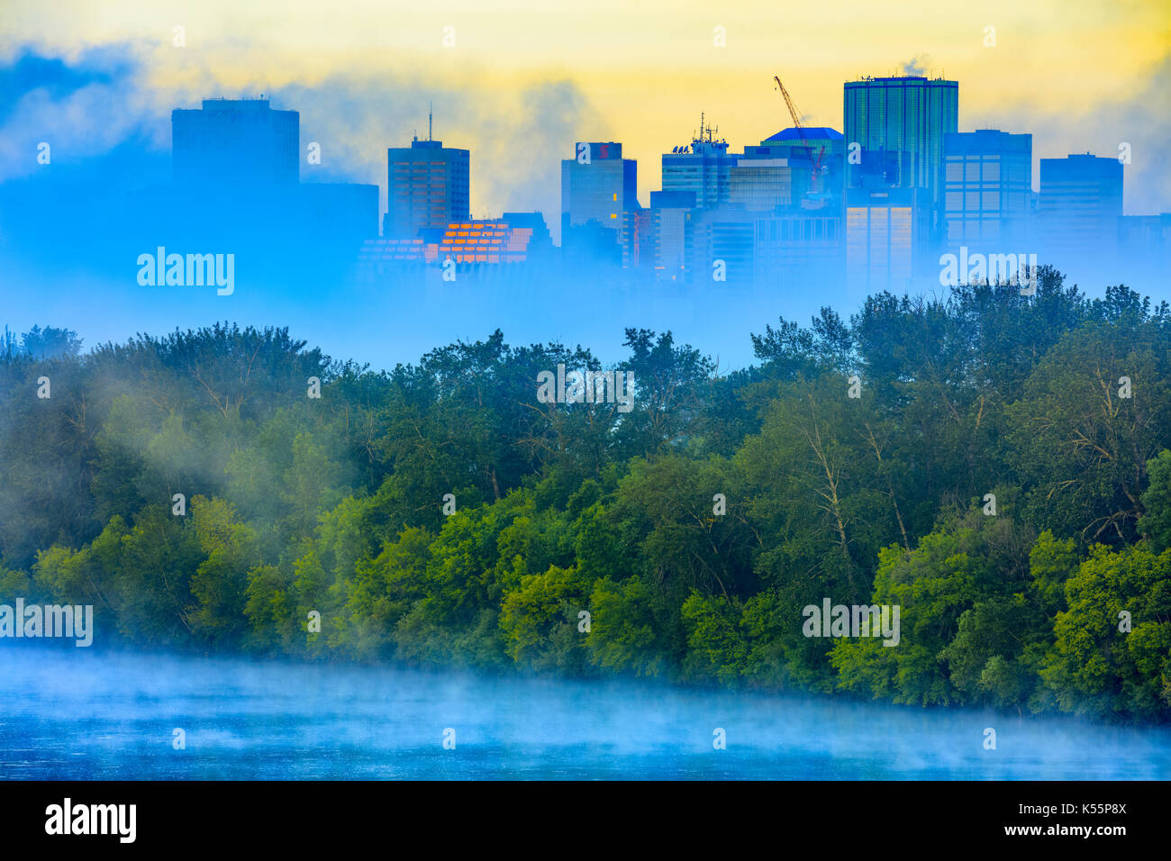 Edmonton city center and North Saskatchewan river in fog, Canada Stock ...