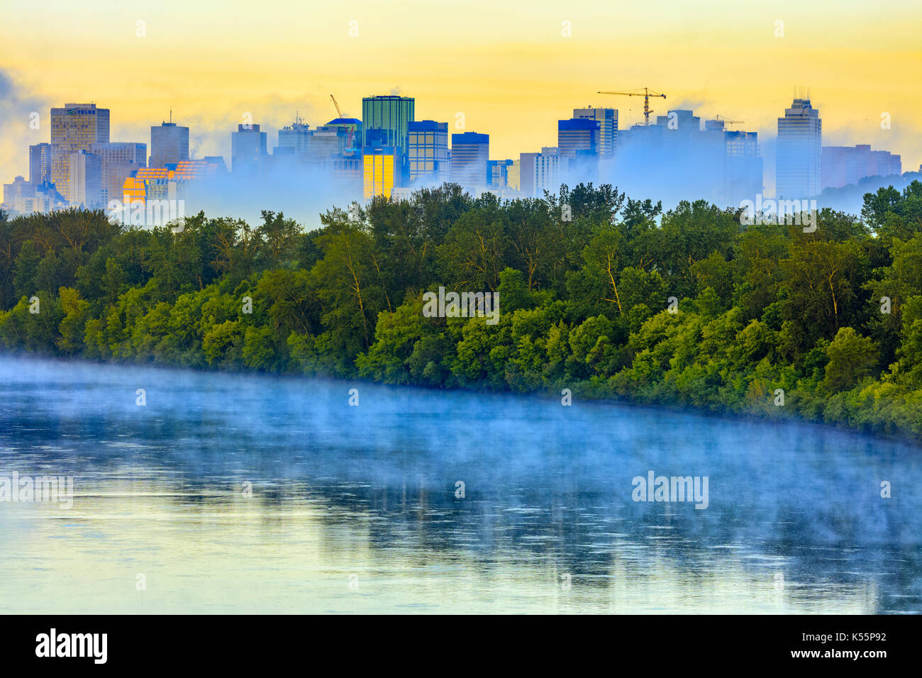 Edmonton city center and North Saskatchewan river in fog, Canada Stock ...