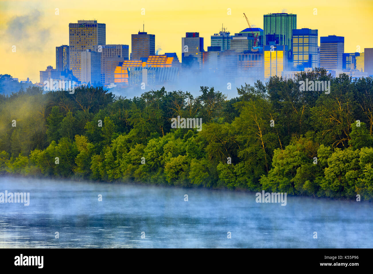 Edmonton city center and North Saskatchewan river in fog, Canada Stock ...