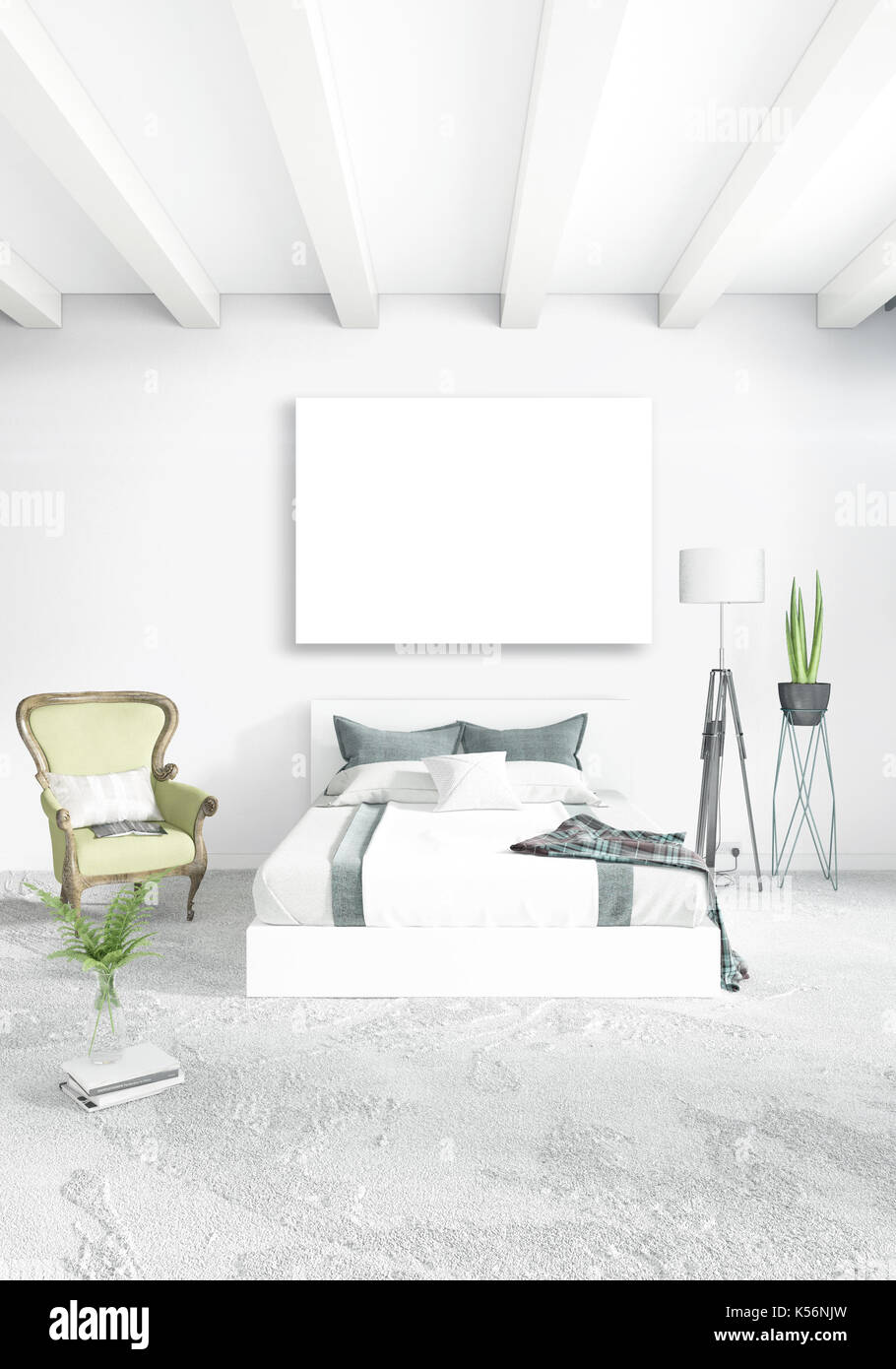 Vertical modern interior bedroom or living room with eclectic wall and ...