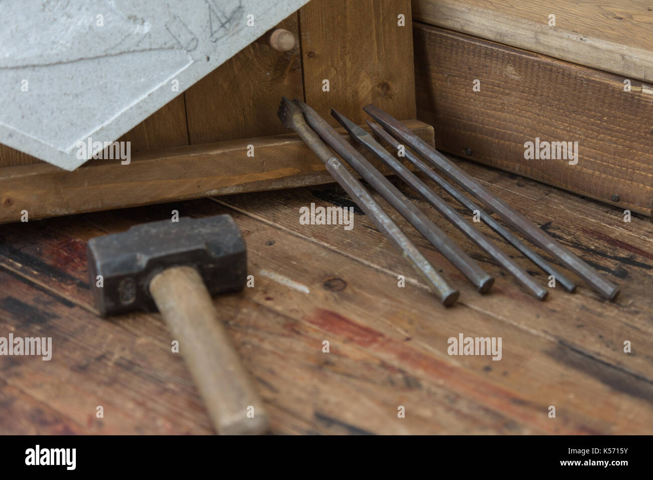 Hammer, Chisel and Cutting Wood Equipment on Wooden Plank Stock Photo ...