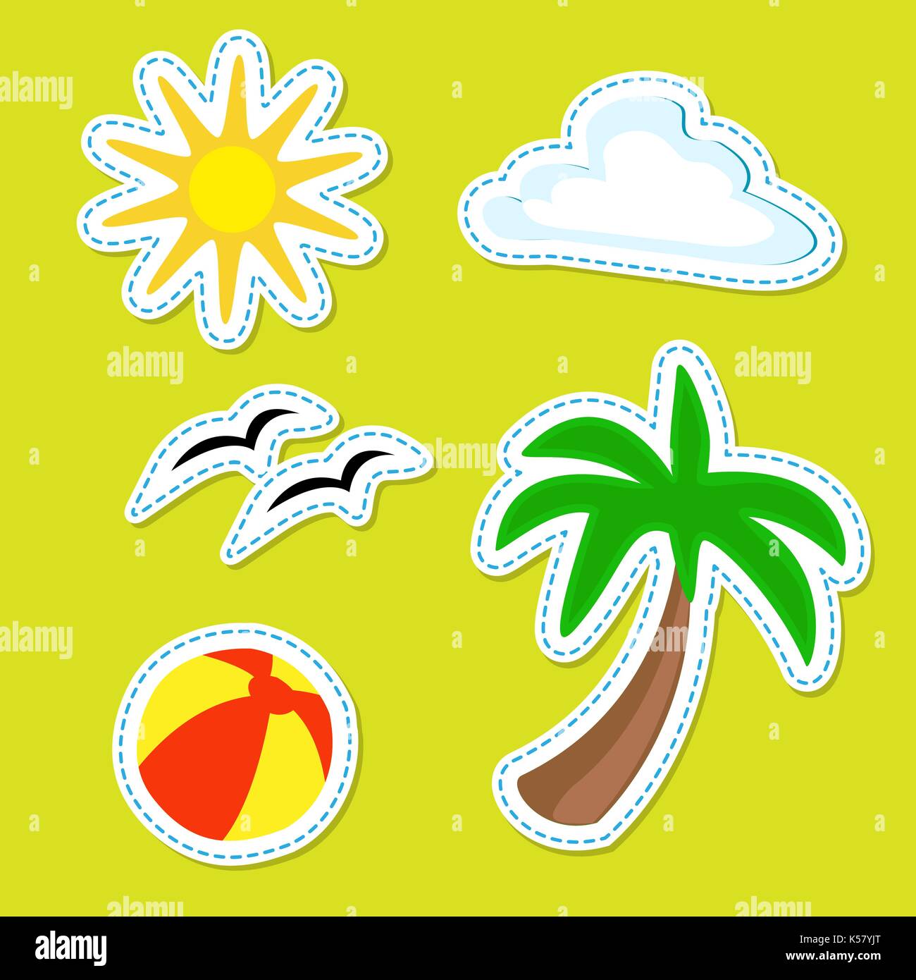 Summer stripped stickers. Summer ball, palm, sun and clouds in one set ...