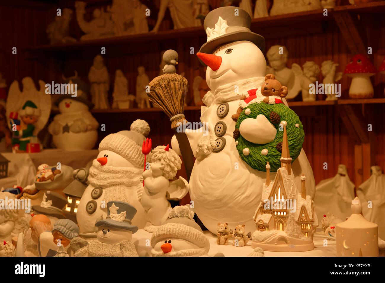 Snowman figure in a stall on the christmas fair in Michelstadt in the ...