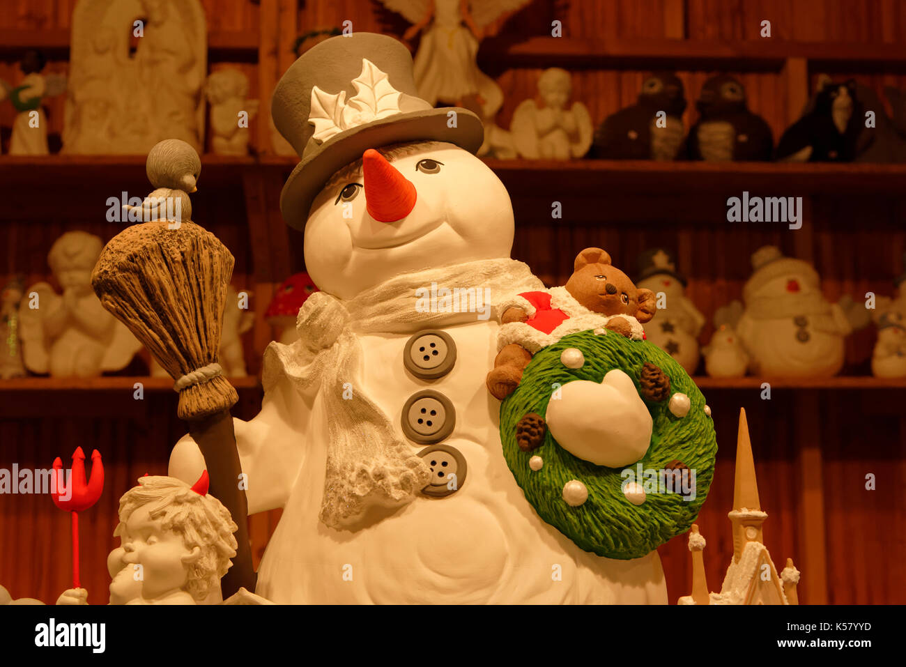 Snowman figure in a stall on the christmas fair in Michelstadt in the ...