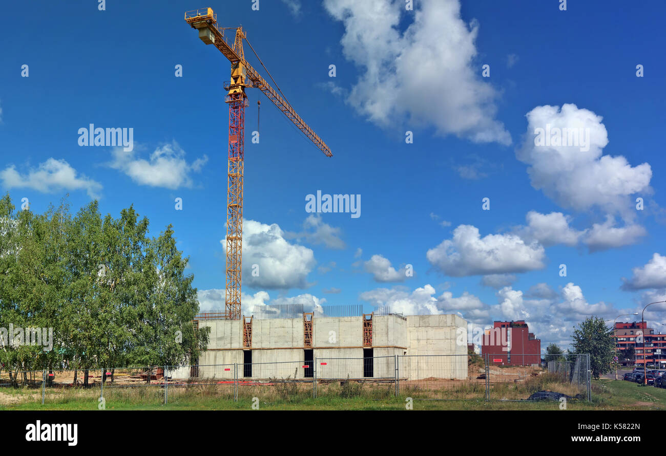 Panorama of the summer construction site of a public building with an ...