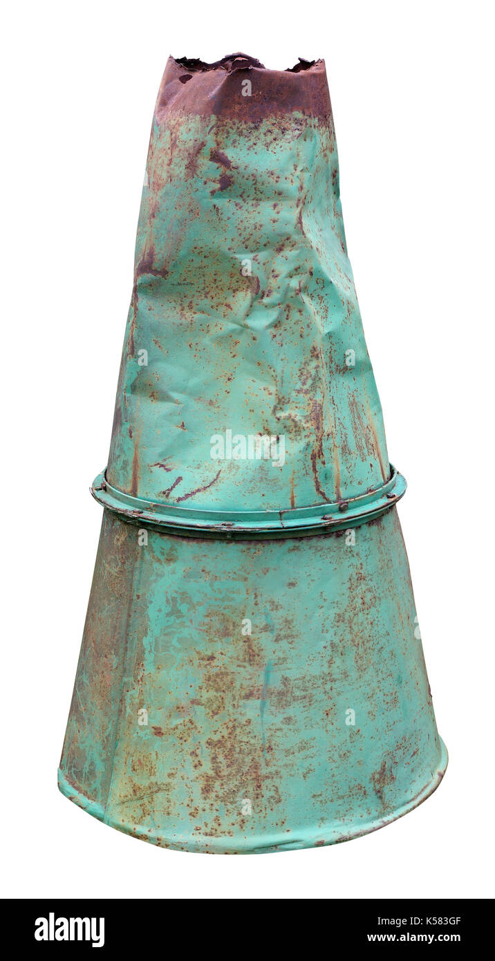 Metal crumpled rusty cone from the old ventilation system. Isolated on ...