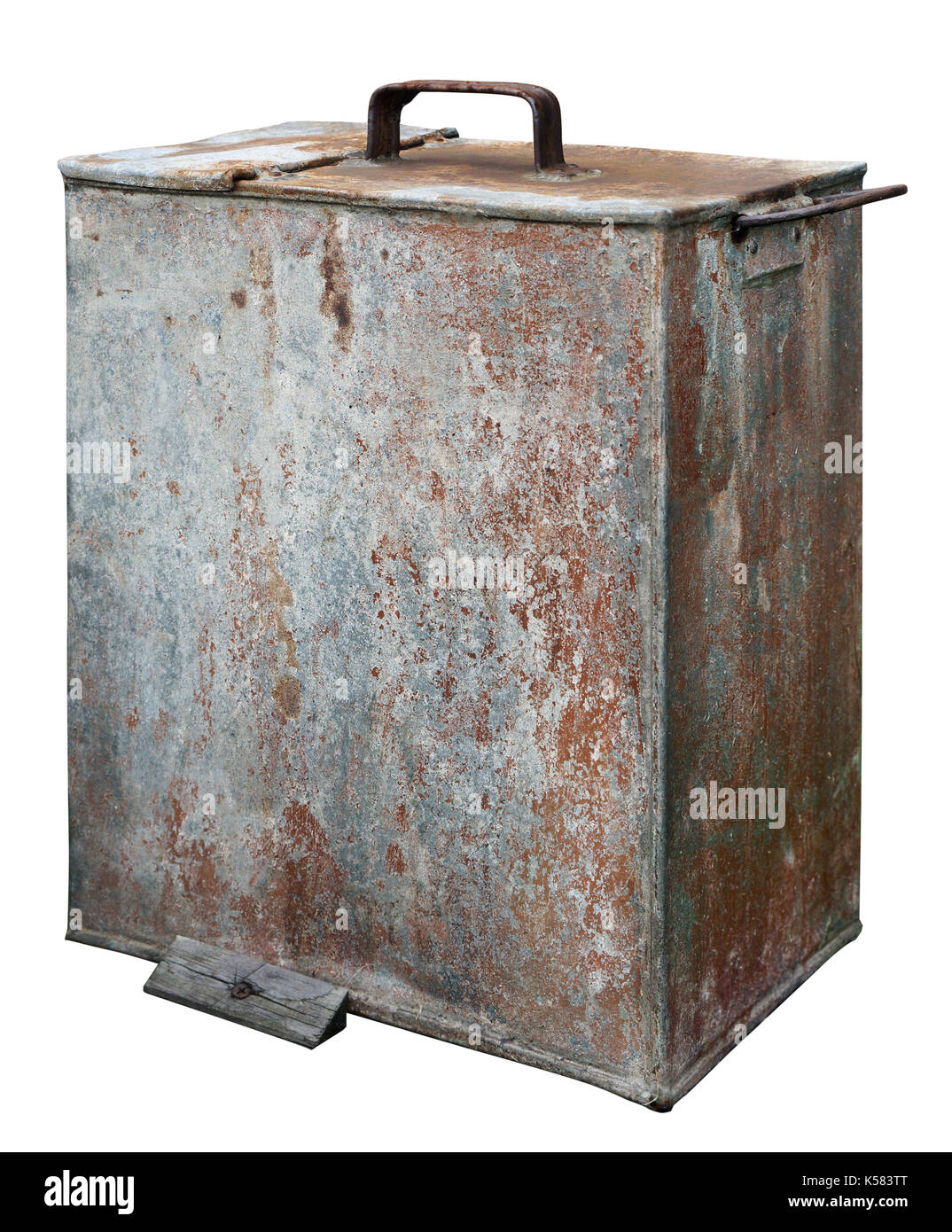 Tin galvanized rusted canister for storage of engine oil. Isolated on ...