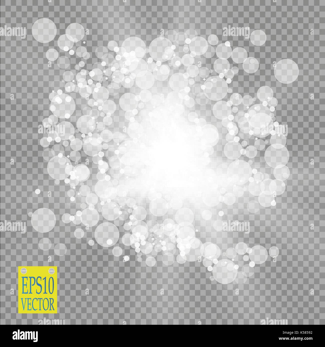 Abstract white bokeh effect explosion with sparks modern design. Glow star burst or firework ...