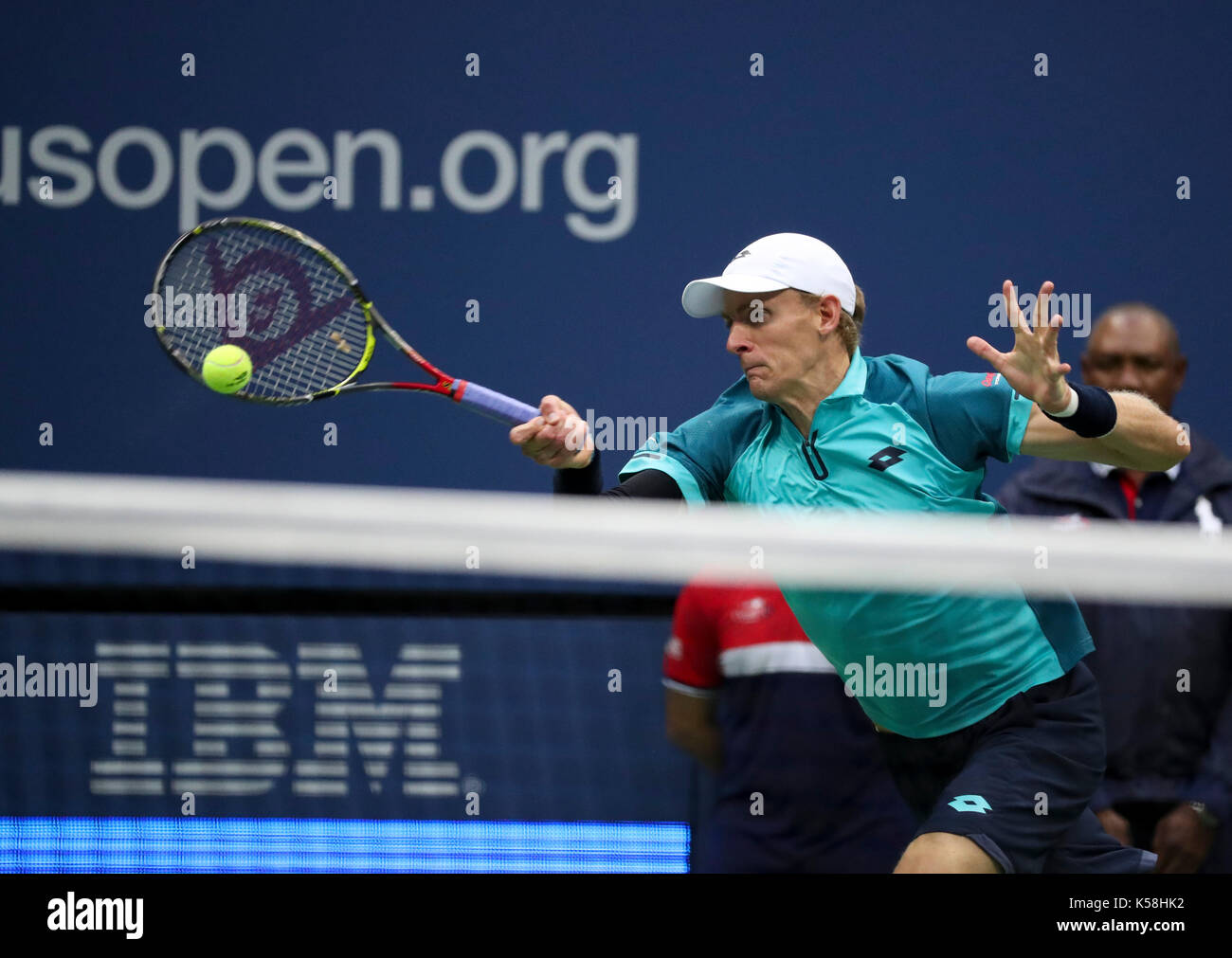 New York, USA. 8th Sep, 2017. Kevin Anderson of South Africa hits a ...