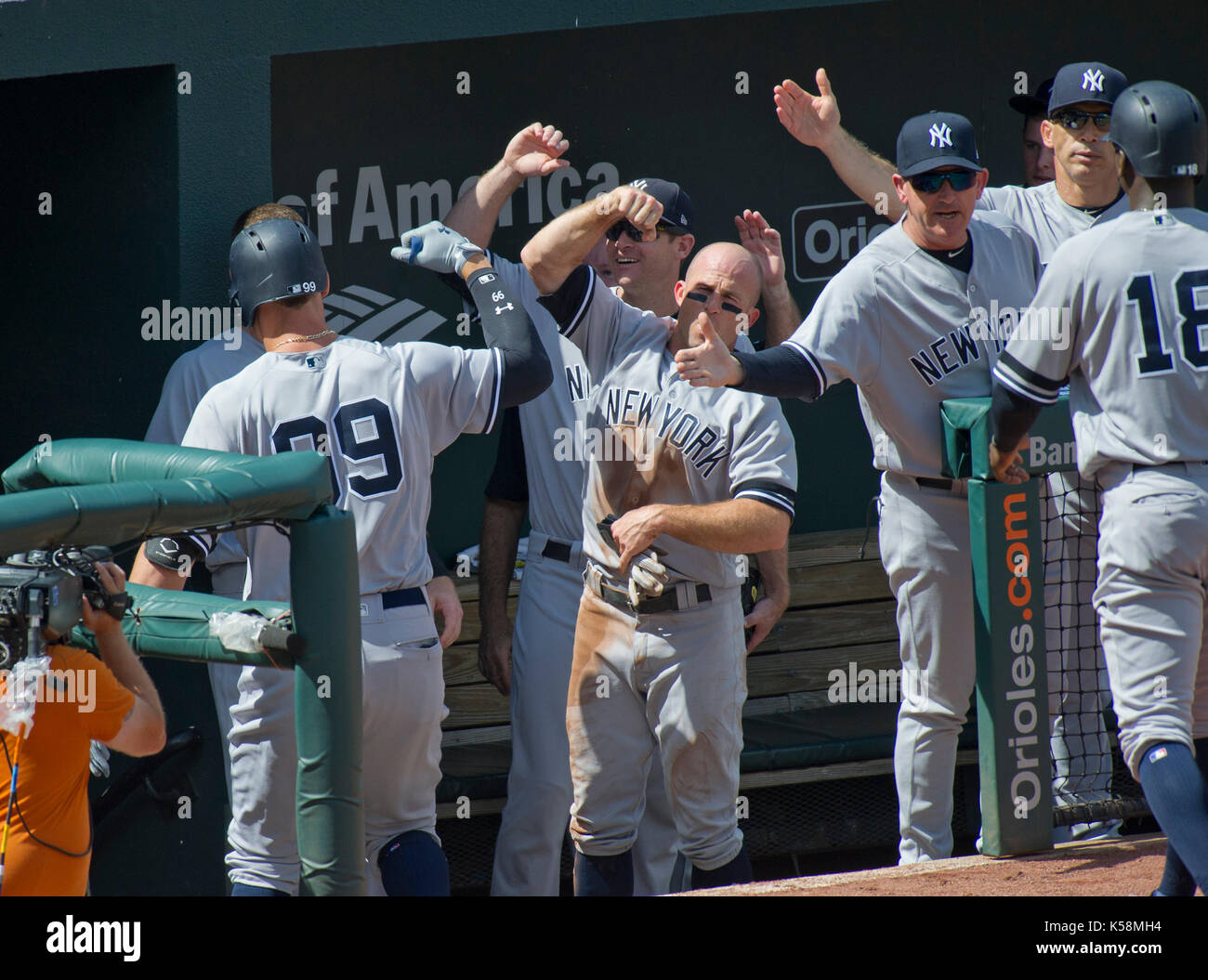 New York Yankees right fielder Aaron Judge (99) is congratulated by ...