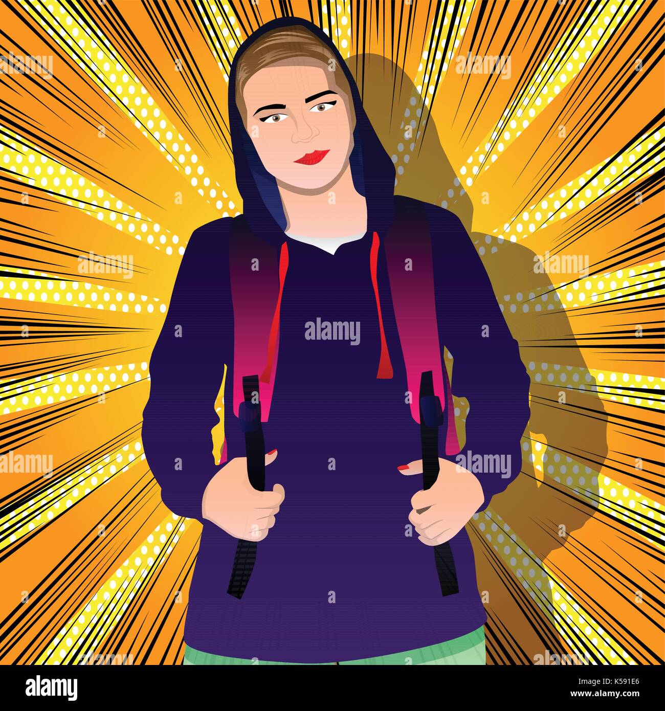 Young woman with backpack in comic book style summer sunset sky ...