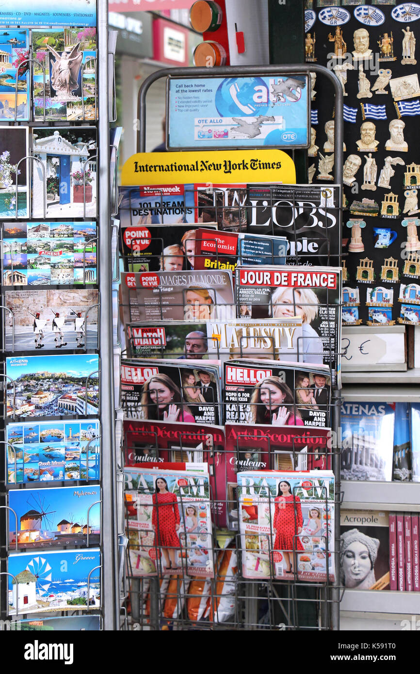 ATHENS, GREECE - MAY 02, 2015; Newsstand with international magazine ...