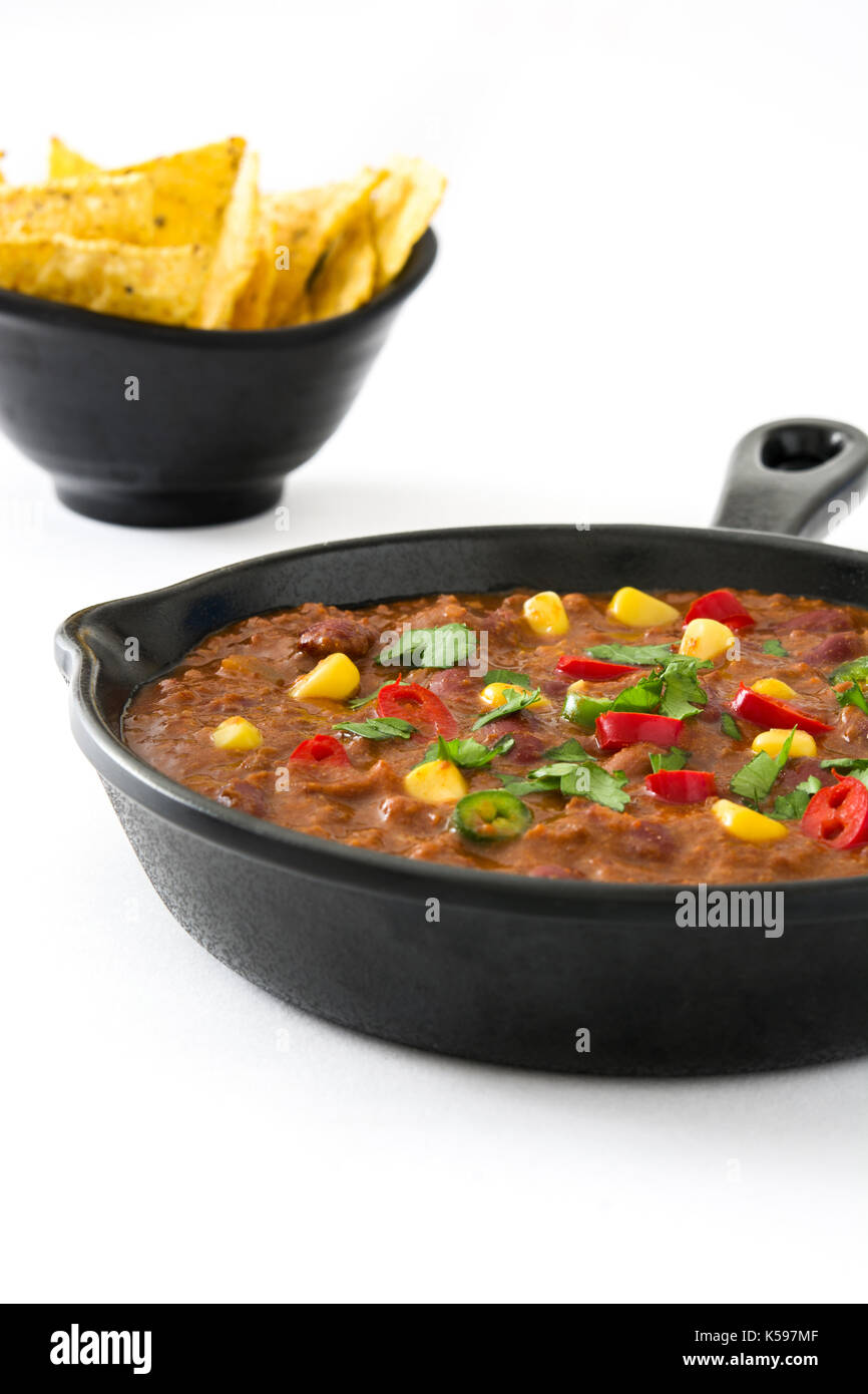 Traditional mexican tex mex chili con carne in a frying pan isolated on ...