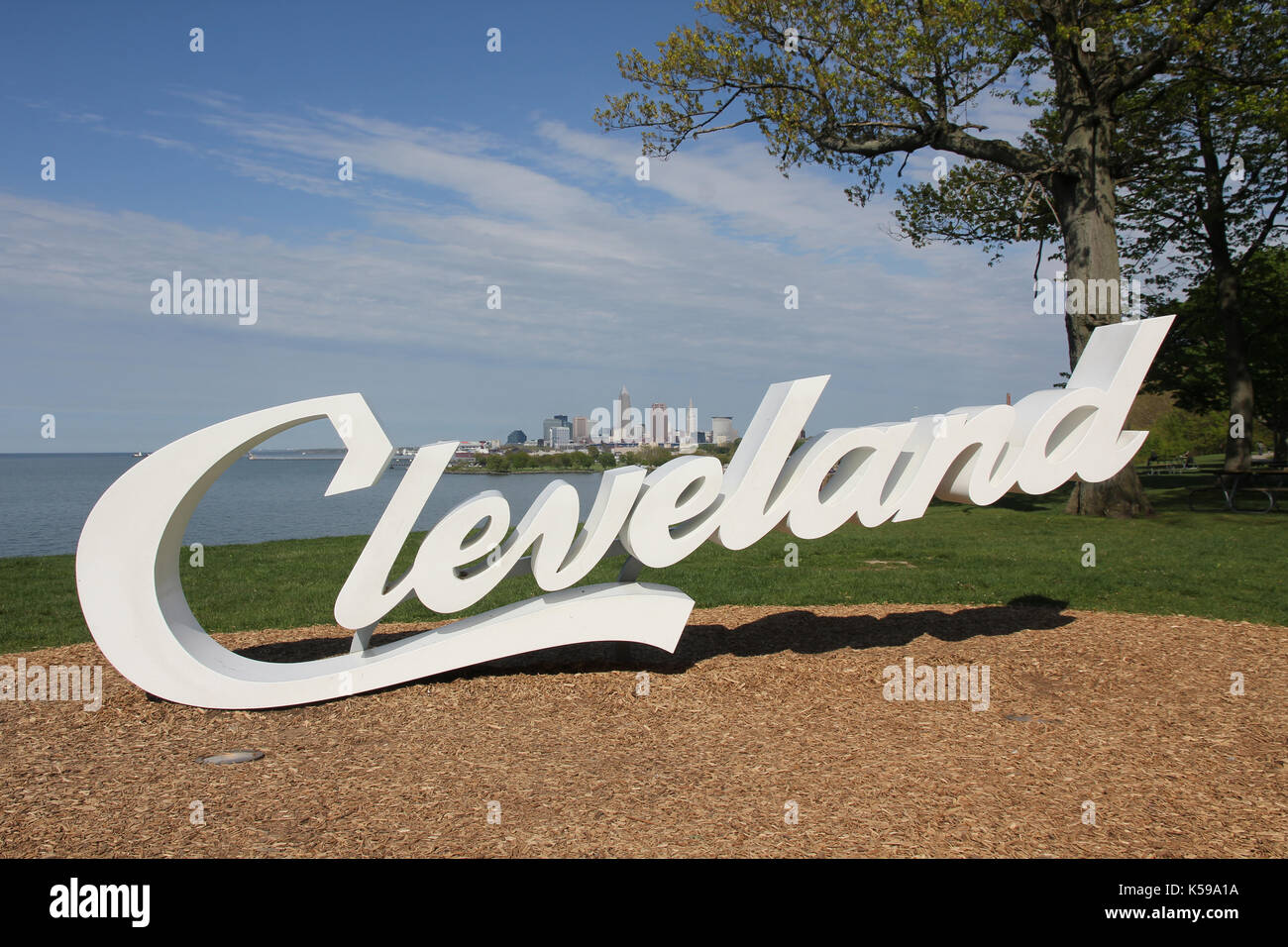 Cleveland sign with skyline and Lake Erie in background, Ohio, U.S.A ...