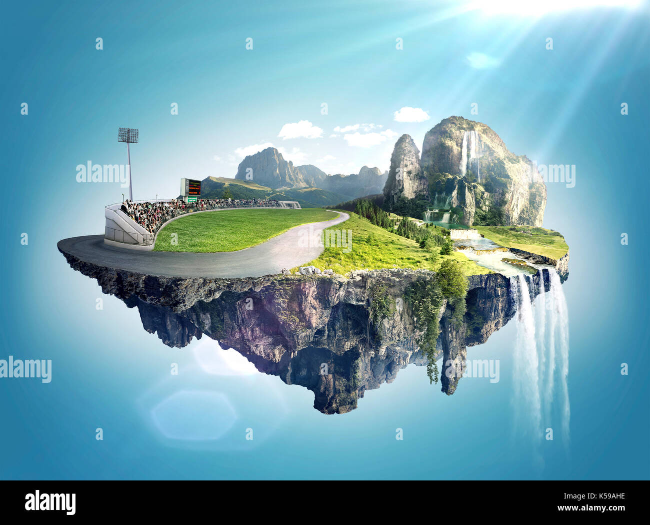 Amazing fantasy scenery with floating islands, water fall and fields ...