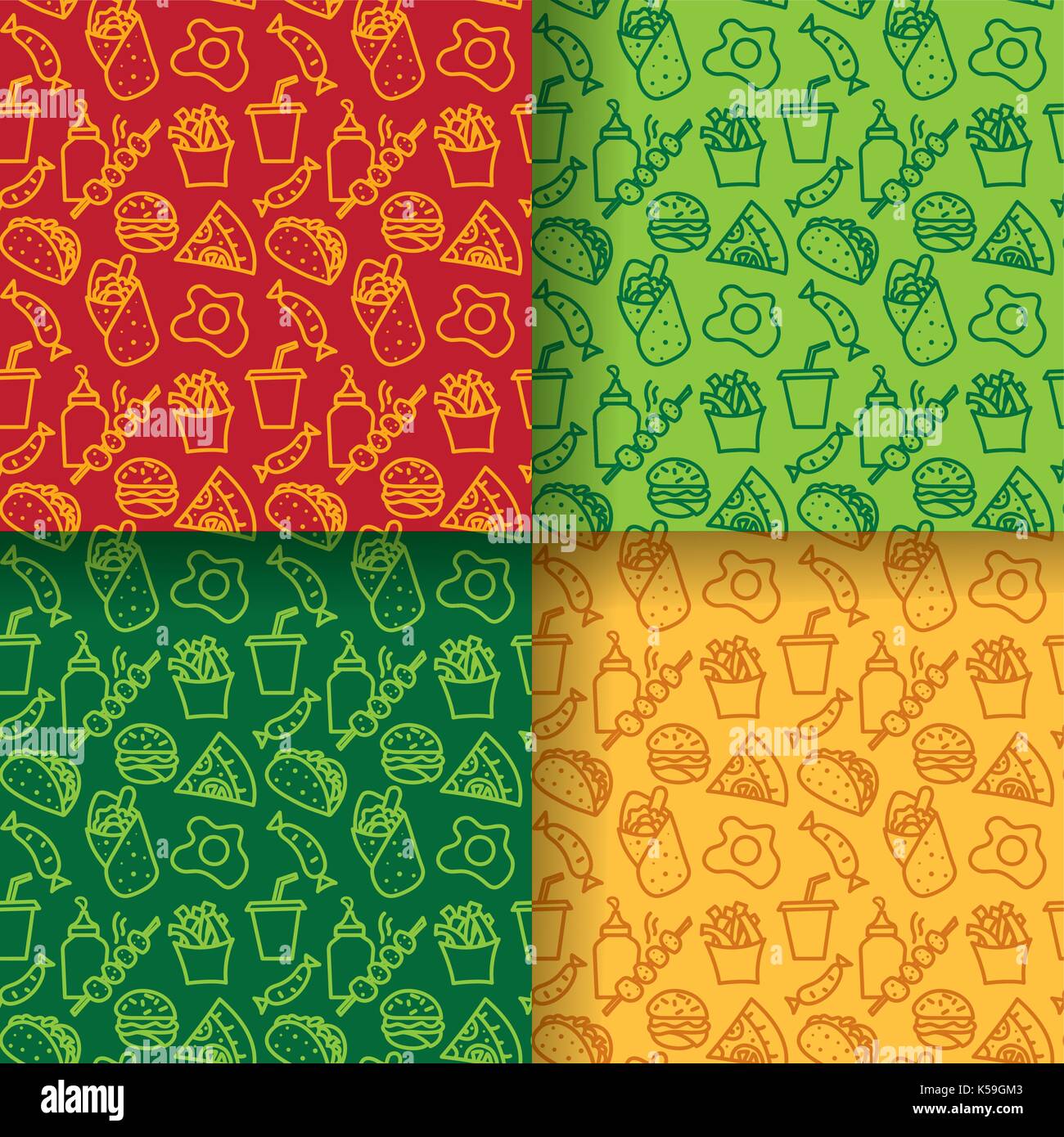 illustration of street food seamless patterns in different clors Stock ...
