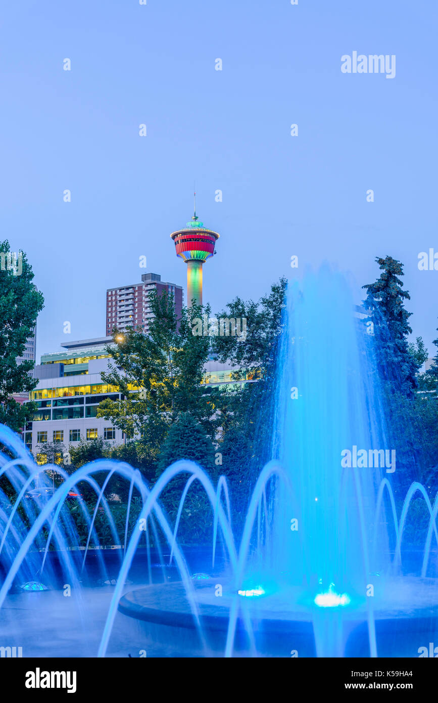 Illuminated fountain, Central Memorial Park, Calgary, Alberta, Canada ...