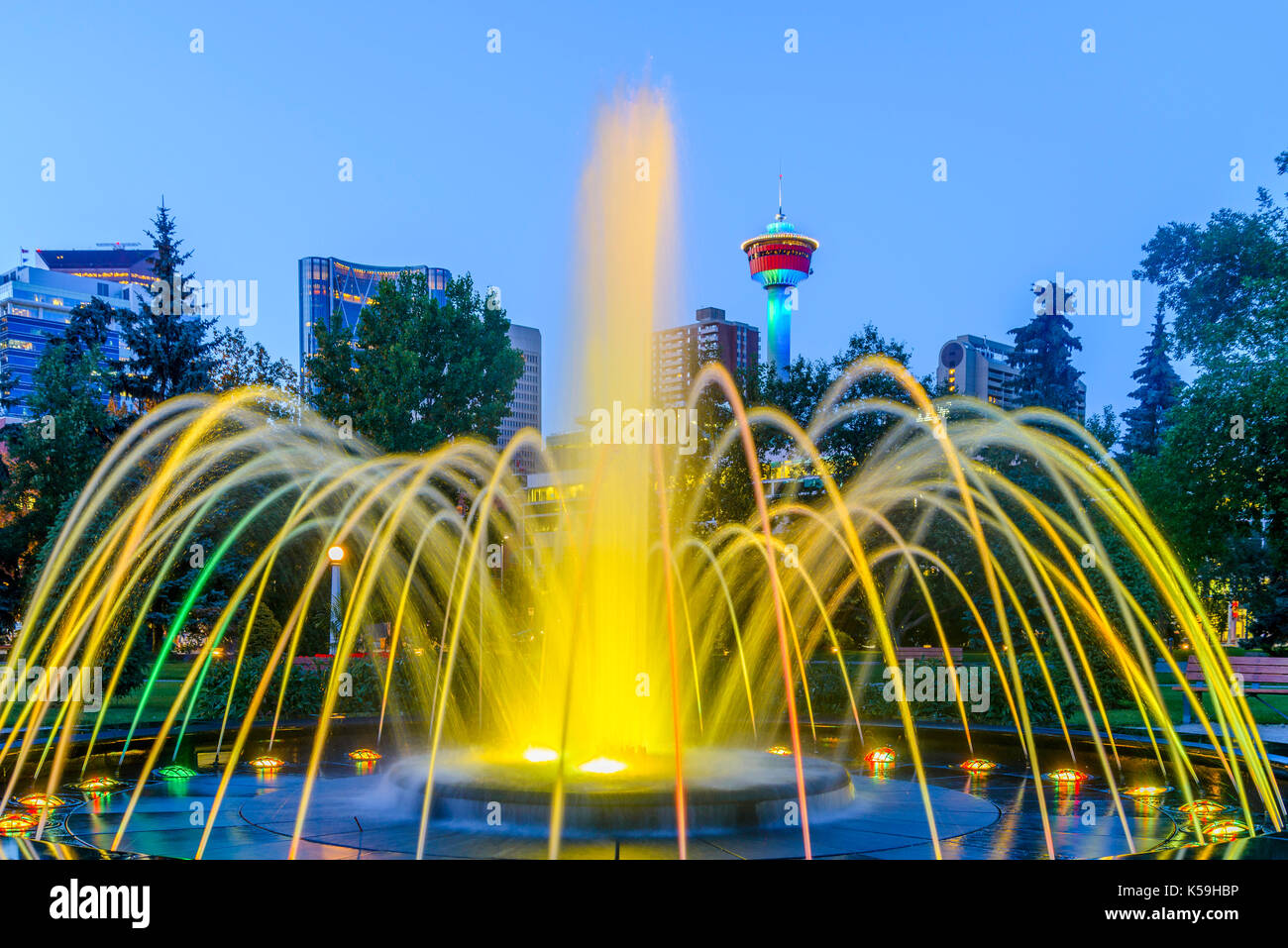 Illuminated fountain, Central Memorial Park, Calgary, Alberta, Canada ...