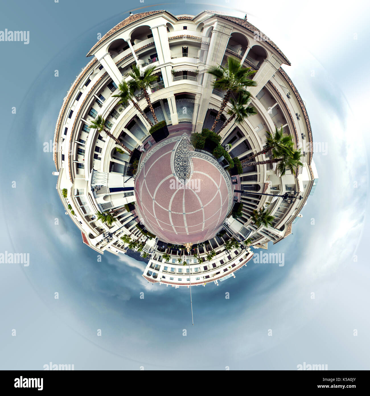 Little planet 360 degree sphere. Panoramic view of empty Plaza de ...