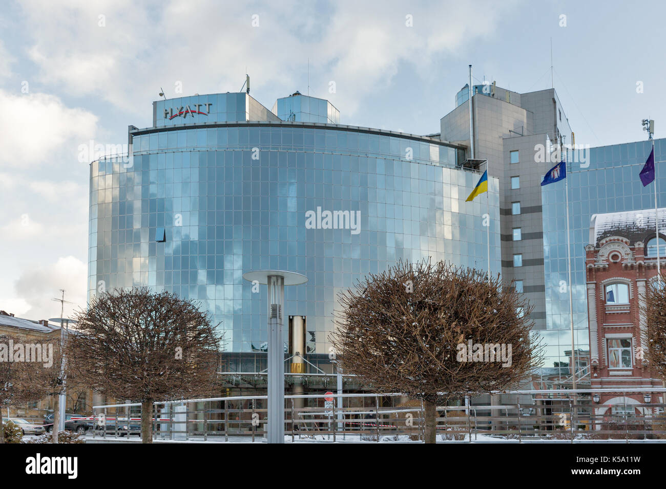 KIEV, UKRAINE - JANUARY 03, 2017: Sophia Square with Hyatt Hotel facade ...