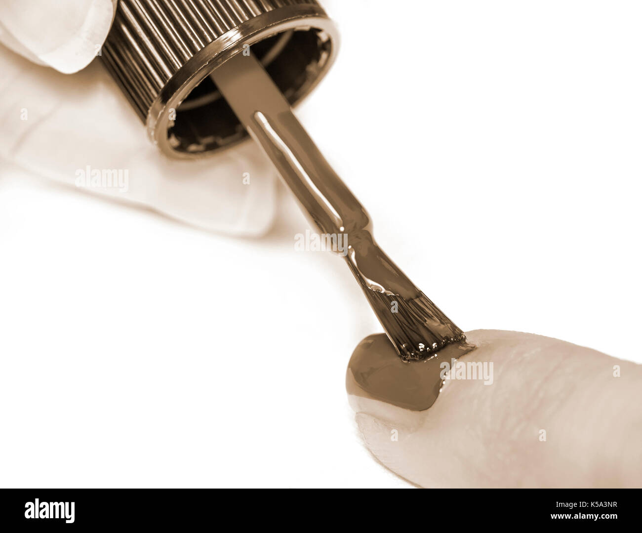 Applying paint to a nail in sepia colors Stock Photo - Alamy