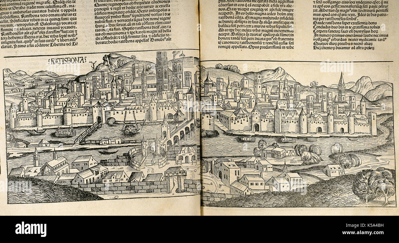 Regensburg (Germany). Engraving. Liber Chronicarum by Hartmann Schedel ...