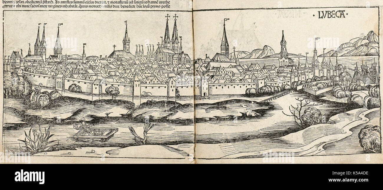 Lubeck (Germany). Engraving. Liber Chronicarum by Hartmann Schedel ...