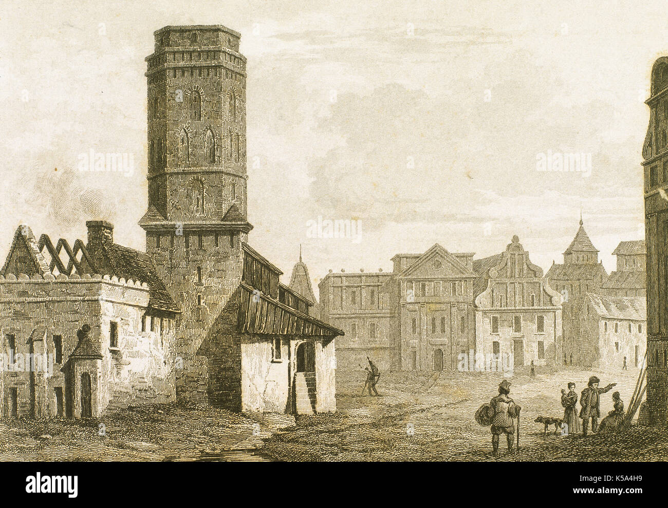 Kalisz. Poland. View of a city square. Engraving by S.Cholet, 1850 ...