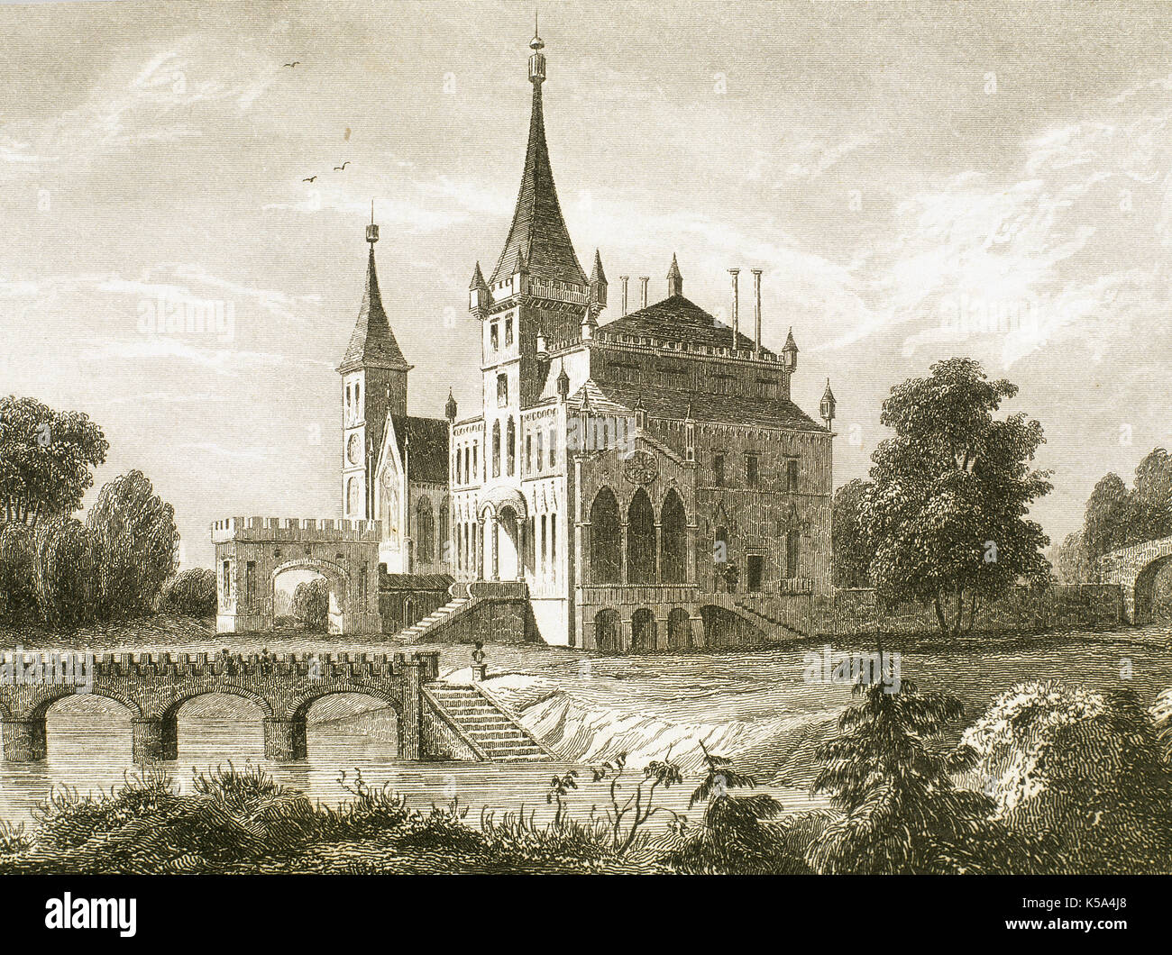 Zator castle. Poland. Engraving by Lalaisse, 1850. Panorama Universal ...
