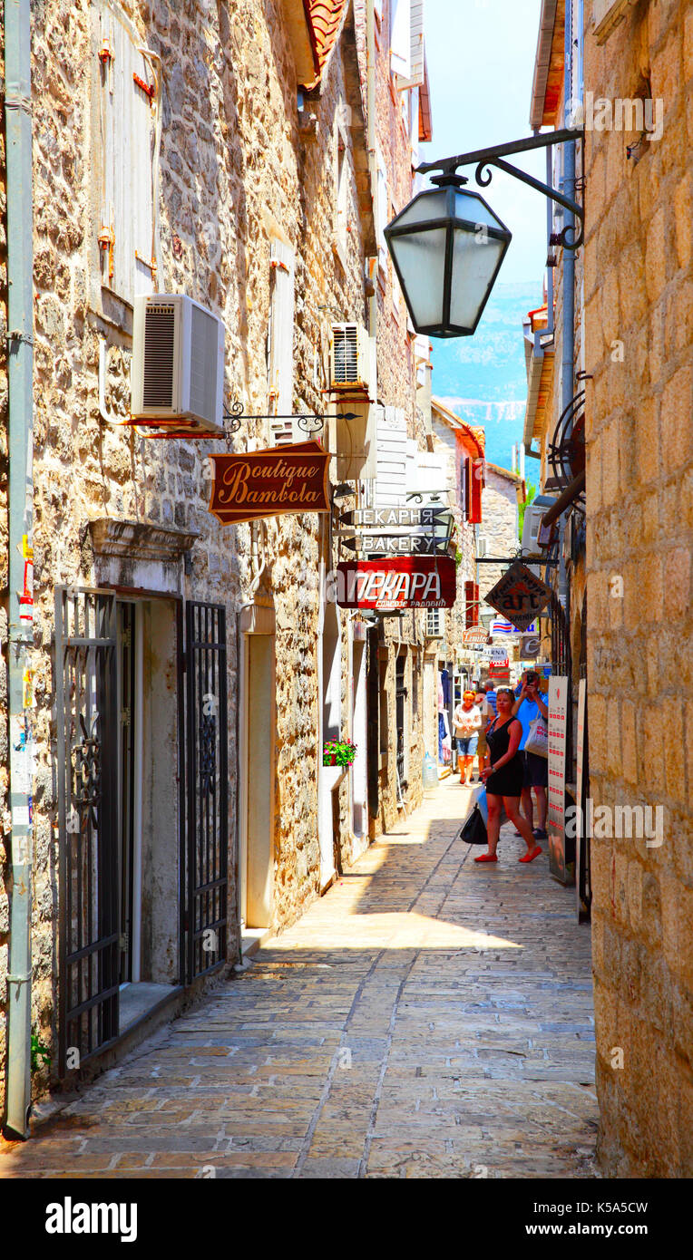Budva, Montenegro - June 13, 2017: Narrow street with small shops in ...