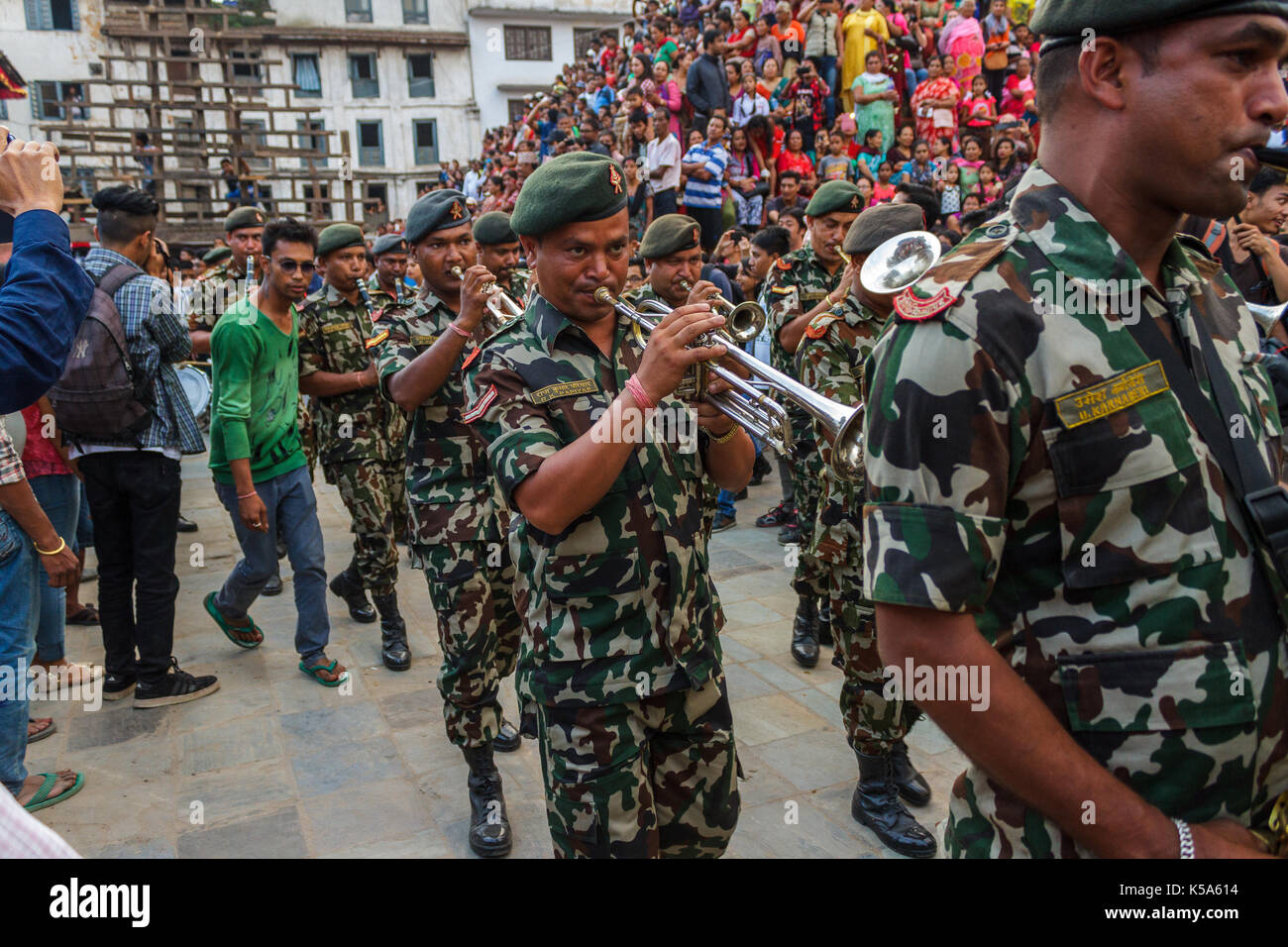 KATHMANDU, NEPAL - 9/26/2015: The Nepalese military band performs ...